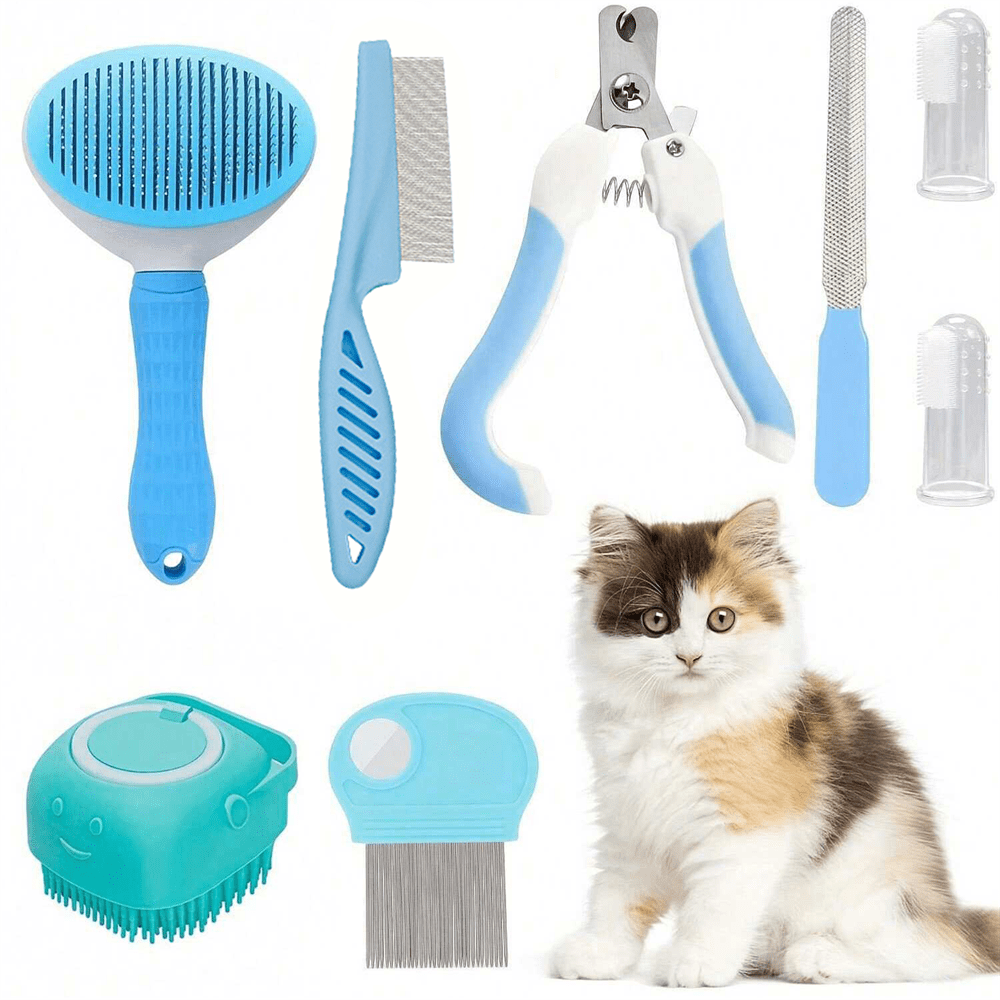 8-Piece Deluxe Cat Grooming Kit: Self-Cleaning, Nail & Fur Care With Dental Essentials For Your ...