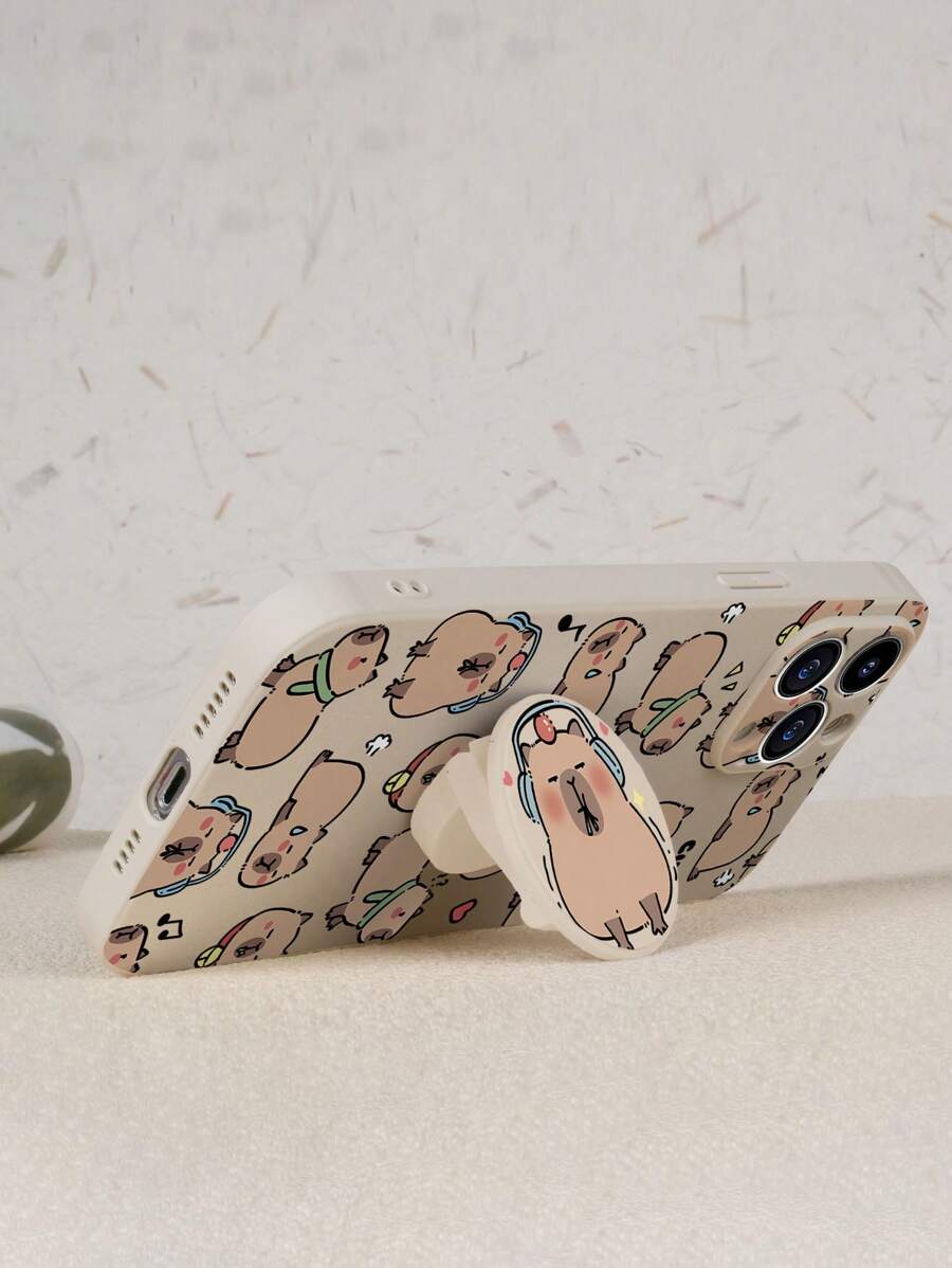 1pc White TPU Cartoon Capybara Pattern Shockproof Phone Case & 1pc ...