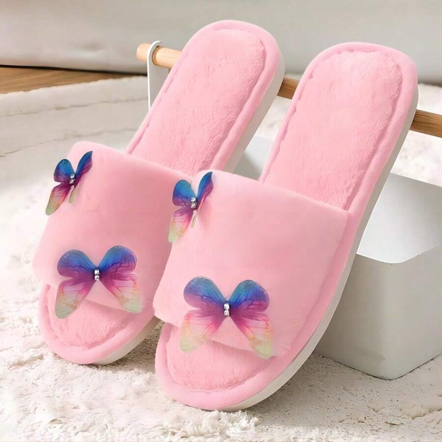 Women Iridescent Butterfly Plush Slip-On Slippers, Pink | SHEIN EUR