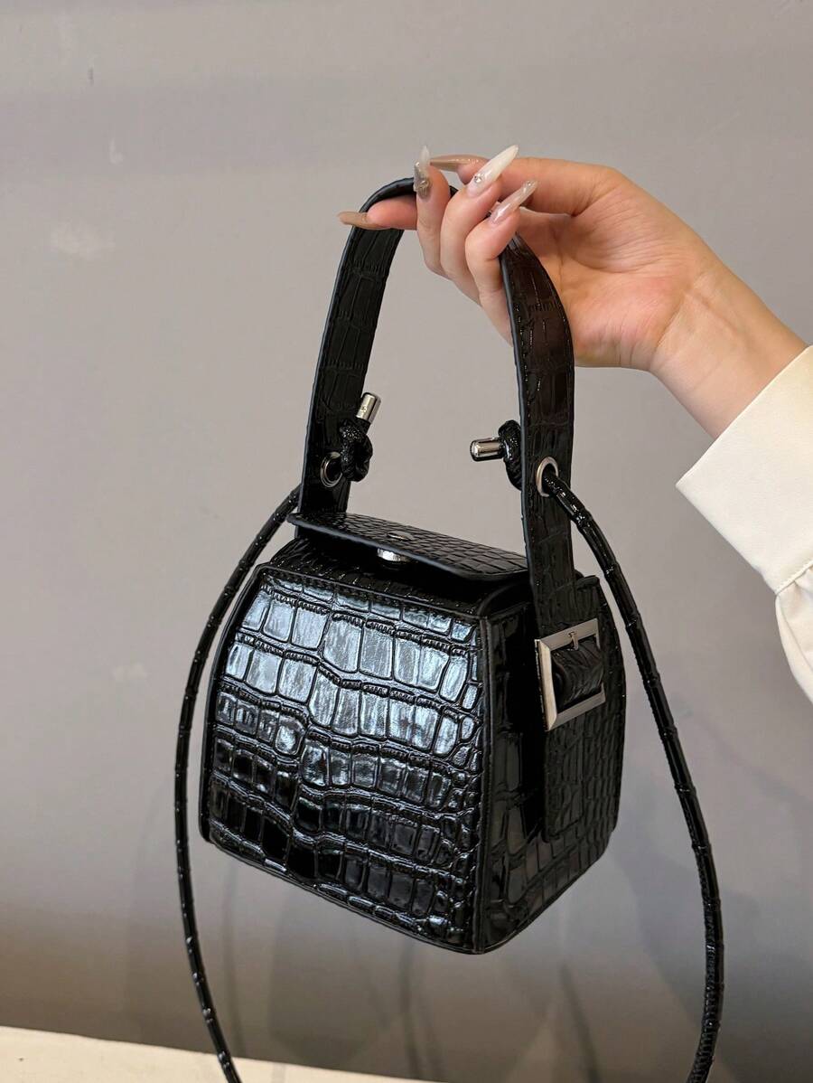 Mini Handbag With Detachable Strap, Black Crocodile Texture Crystal ...