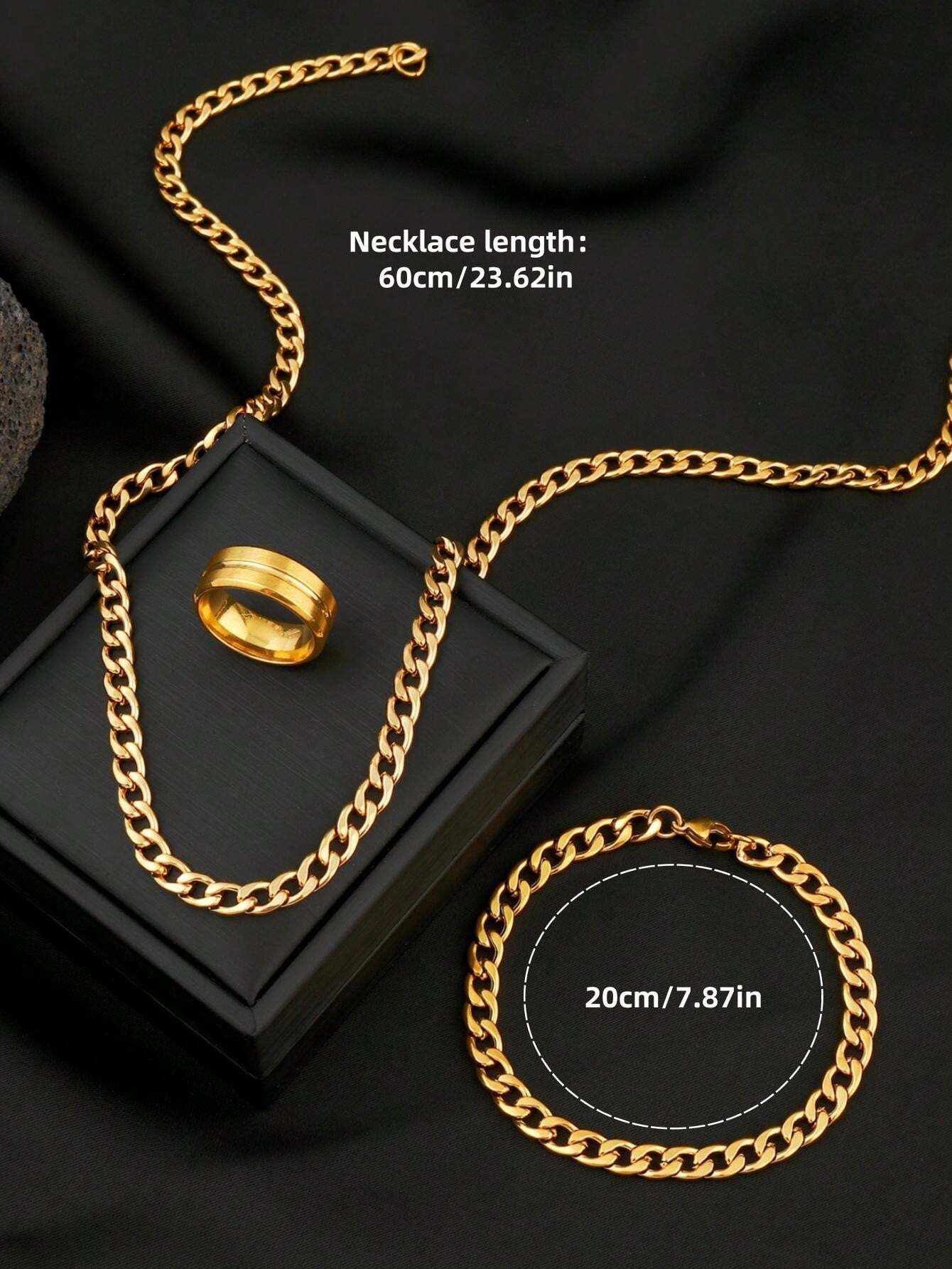 Men's Jewelry Set Golden Chain Necklace Cuban Bracelet Ring Hip Hop ...