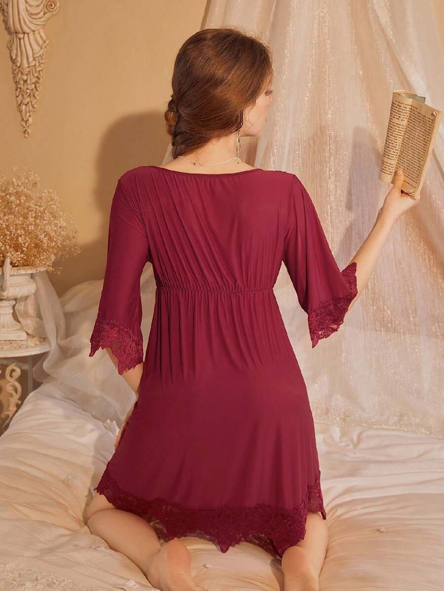 Camisón De Dormir Con Lazo Y Panel De Encaje Camisón Ligero Y