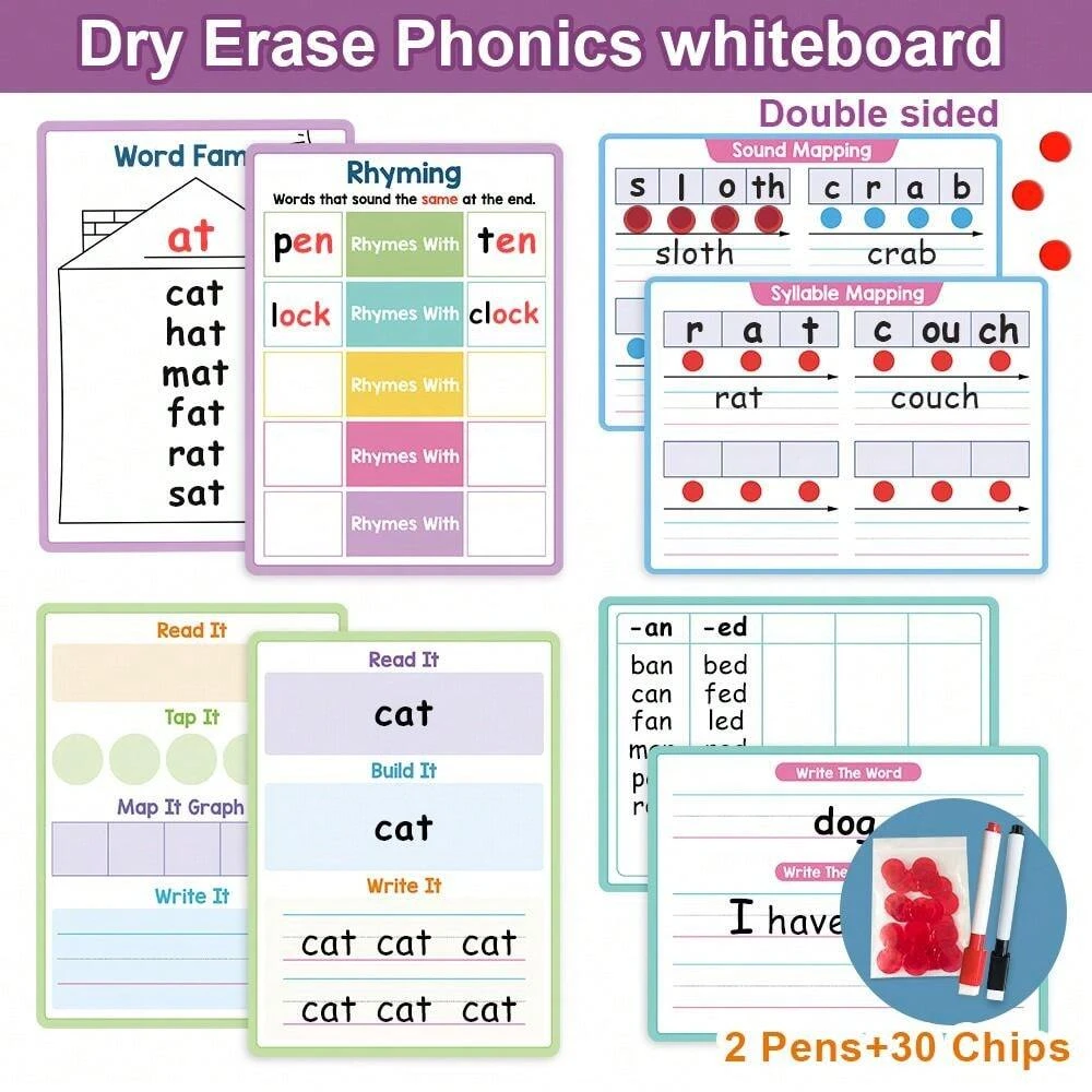 4Pcs Double Sided Word Family CVC Phonics Learning Preschool Dry Erase ...