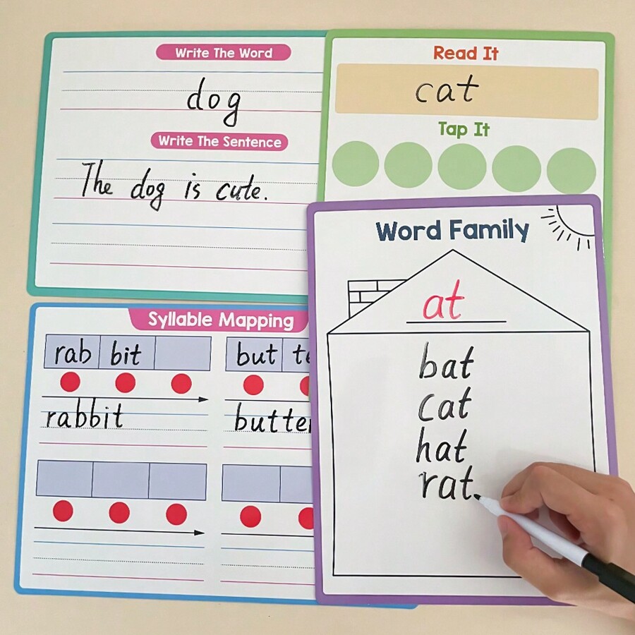 4Pcs Double Sided Word Family CVC Phonics Learning Preschool Dry Erase ...