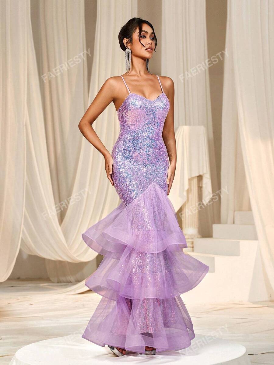 Faeriesty Mesh Overlay Mermaid Hem Sequin Cami Party Dress, Formal Evening Prom Gown, For ...
