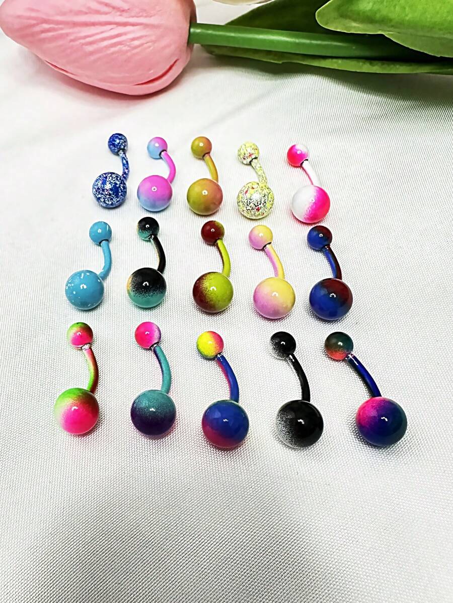 15pcs Assorted Stainless Steel Navel Piercing Rings, 2024 Newest Enamel ...
