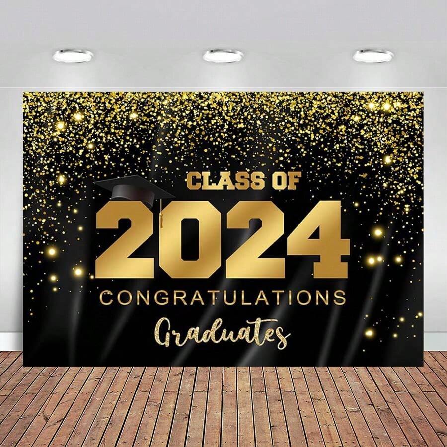 Graduation Backdrop Navy Blue And Gold Class Of 2024 Congradulation ...