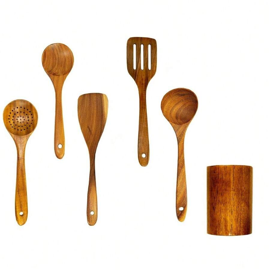 6 PC Teak Wood Wooden Spoons For Cooking Tools Kitchen Utensils Spatula ...