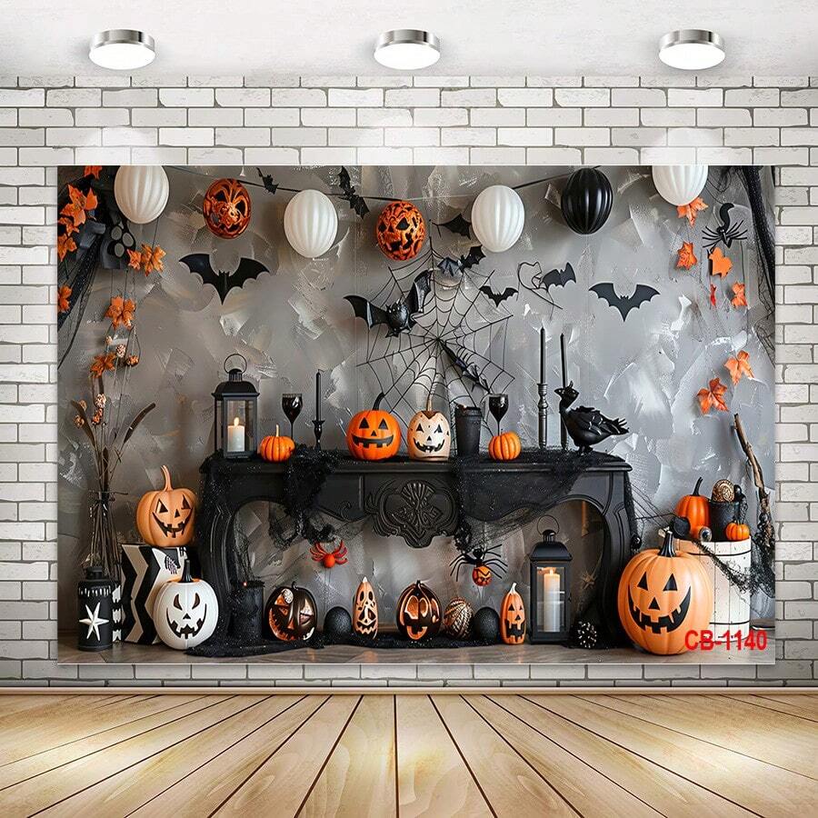 Halloween Backdrop Black Bats Scary Pumpkin Backdrop Spider Web Hay ...