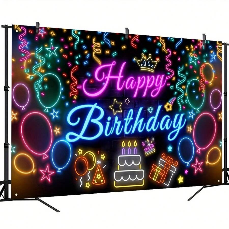 1pc Neon Happy Birthday Backdrop Banner, Glowing Party Decorations ...