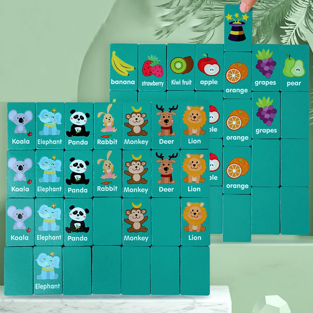 Wooden Fruit & Animal Matching Game, Tabletop Memory Matching Dominoes ...