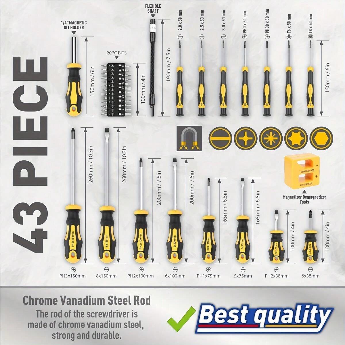 43pcs Chrome Vanadium Steel Magnetic Screwdriver Set With Case, Flathead, And Hex Bit Precision ...