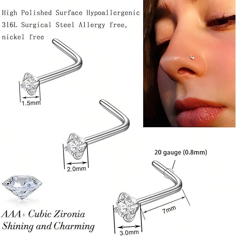 Cubic Zirconia Nose Studs Rings Set 20G L Shape Nose Studs Screw ...