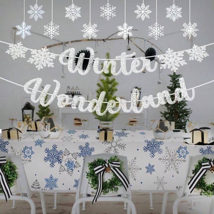 Winter Wonderland Party Banner Snowflake Happy Birthday Banner, Winter