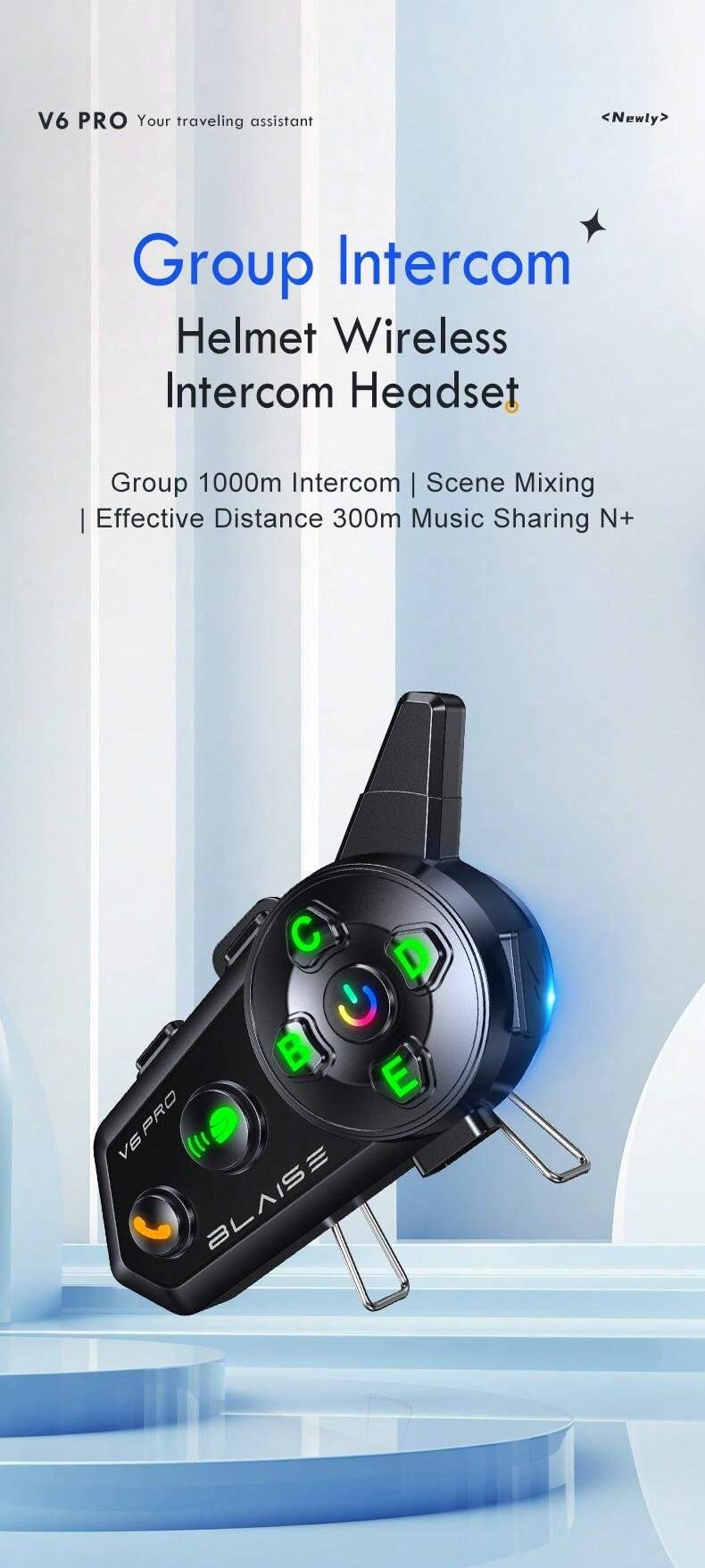 BLAISE V6 PRO Motorcycle Intercom Helmet Bluetooth Headsets,Handsfree ...