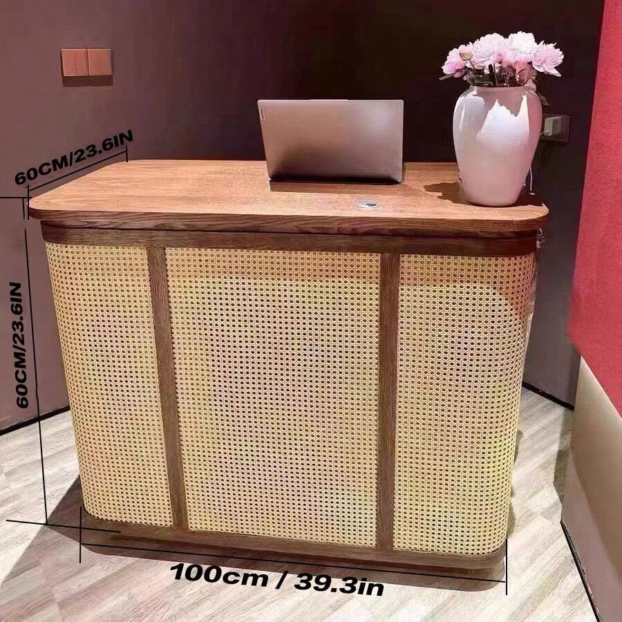 Cane/Rattan Work Reception Desk, 31.5 Inches Front Counter Desk For ...