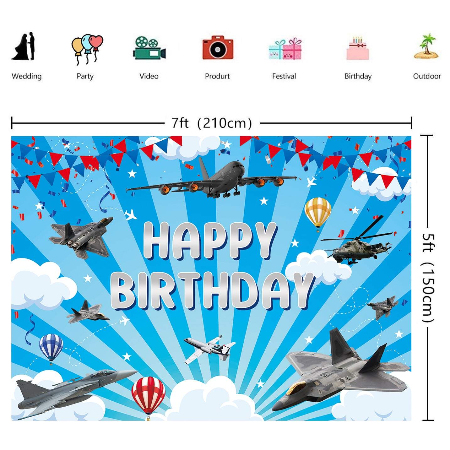1pc 7x5FT Airplane Birthday Backdrop Airplane Happy Birthday ...