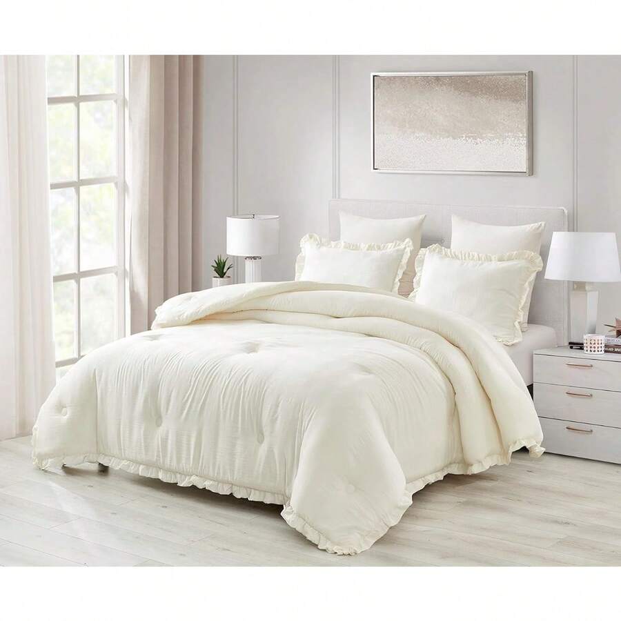 Nora 3-Piece Ruffled Edge Trim Soft Washed Microfiber Comforter Set ...