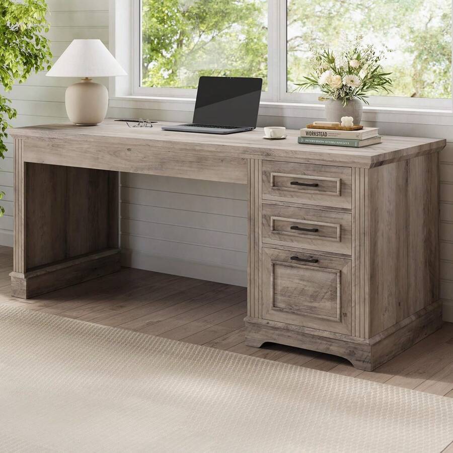 Executive Desk, Farmhouse Computer Desk With Storage Drawers And Power ...
