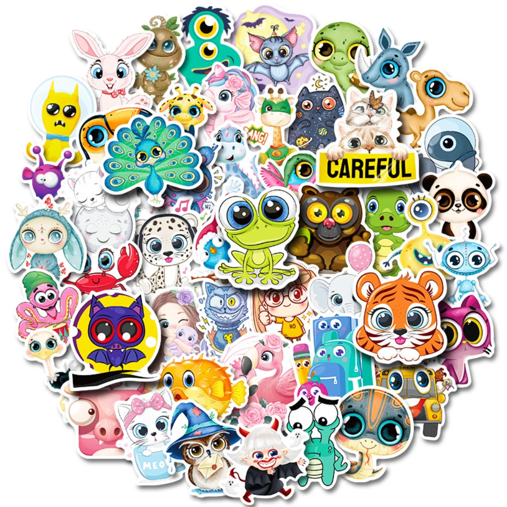 50pcs/Pack Cute Cartoon Big Eyes Animal Stickers, Cartoon Decorative ...