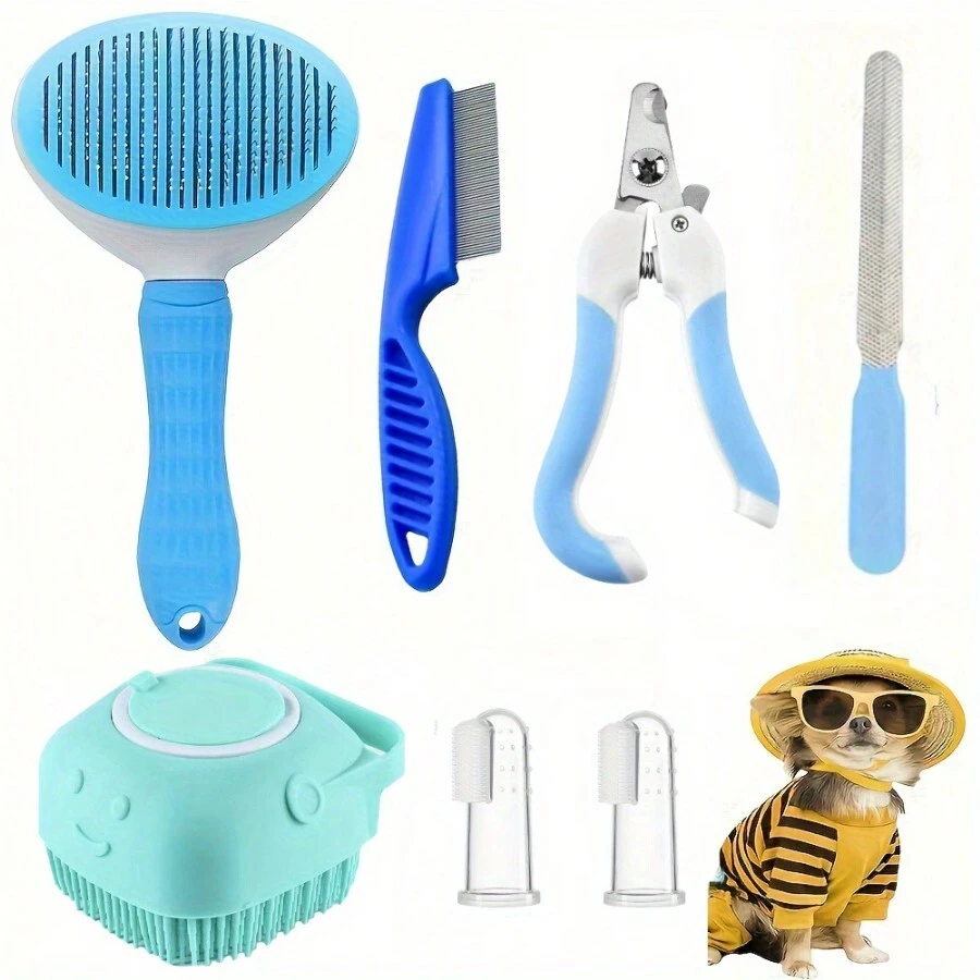 7-Piece Pet Grooming Kit - Self-Cleaning Brush, Nail Clipper, File ...