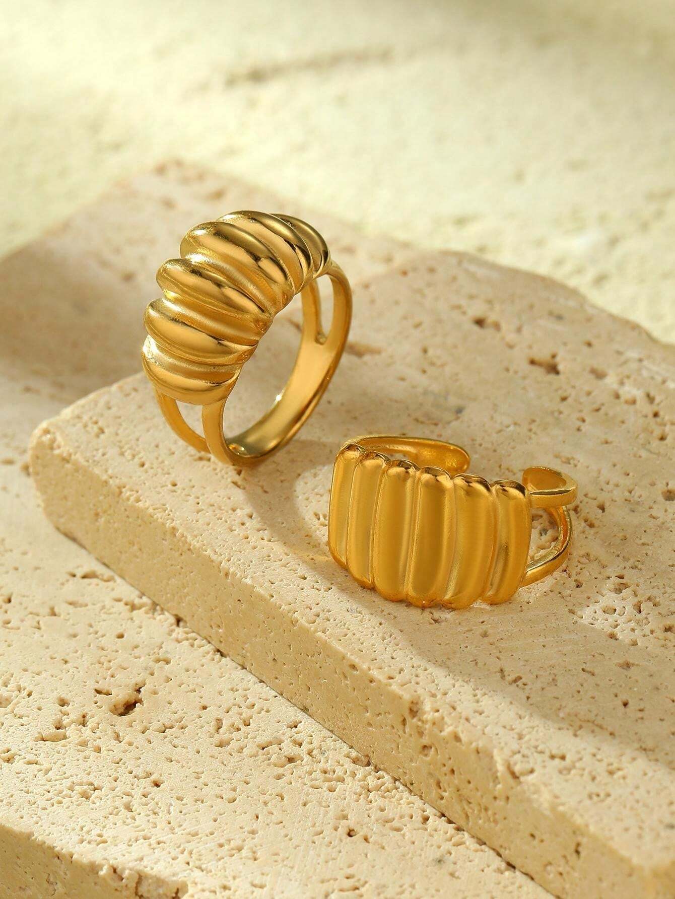 Onelike 2pcs Stainless Steel Golden Croissant Ring Set, Fashionable And ...