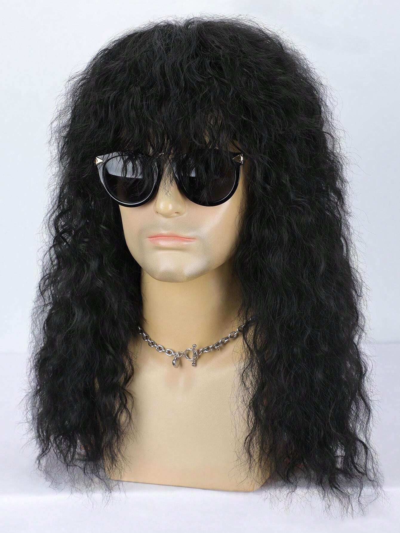 Peruca Longa e Encaracolada Preta de Metal do Mullet do Rocker dos Anos ...