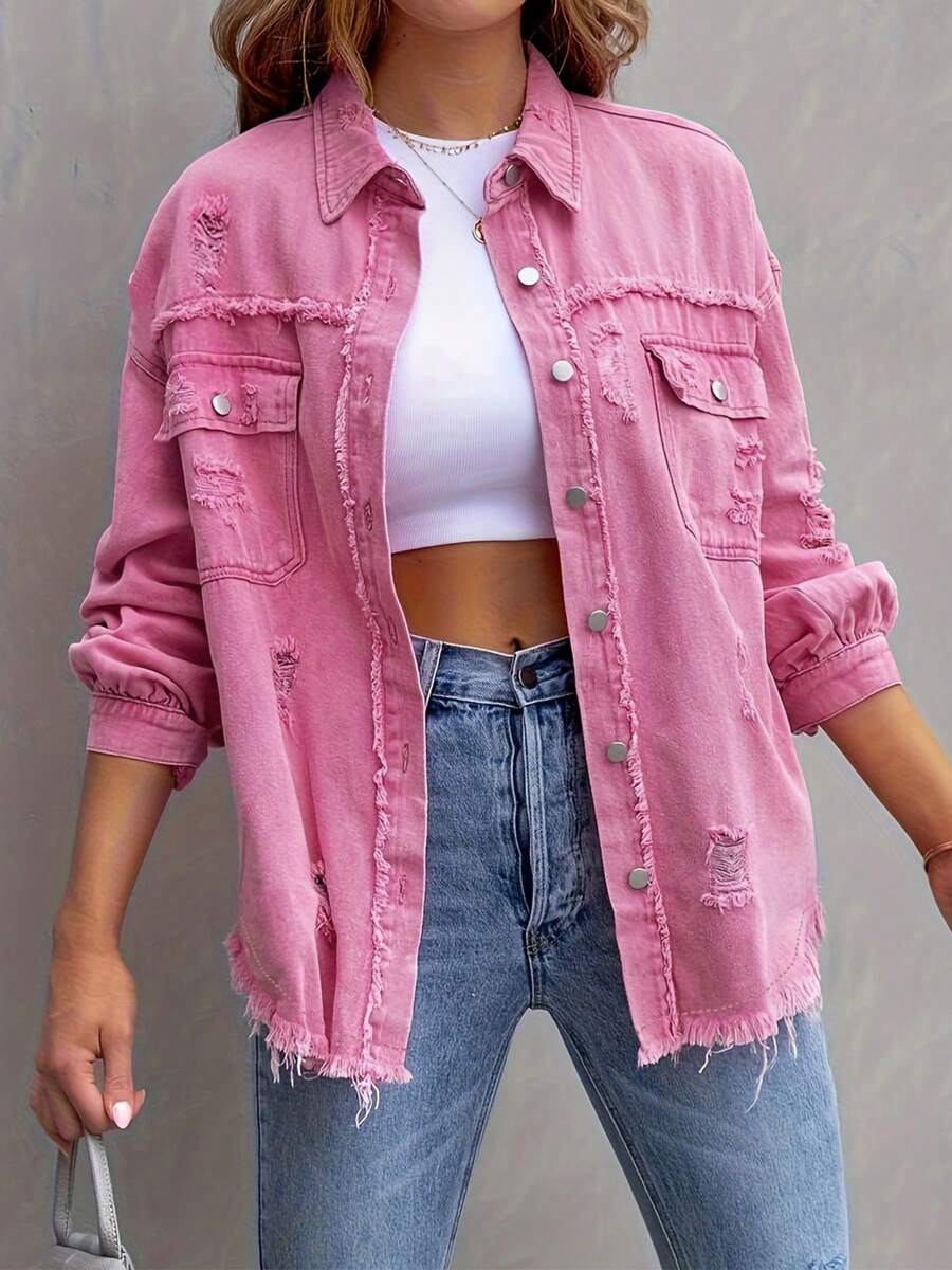 Women's Ripped Distressed Denim Jacket Casual Long Sleeve Boyfriend ...