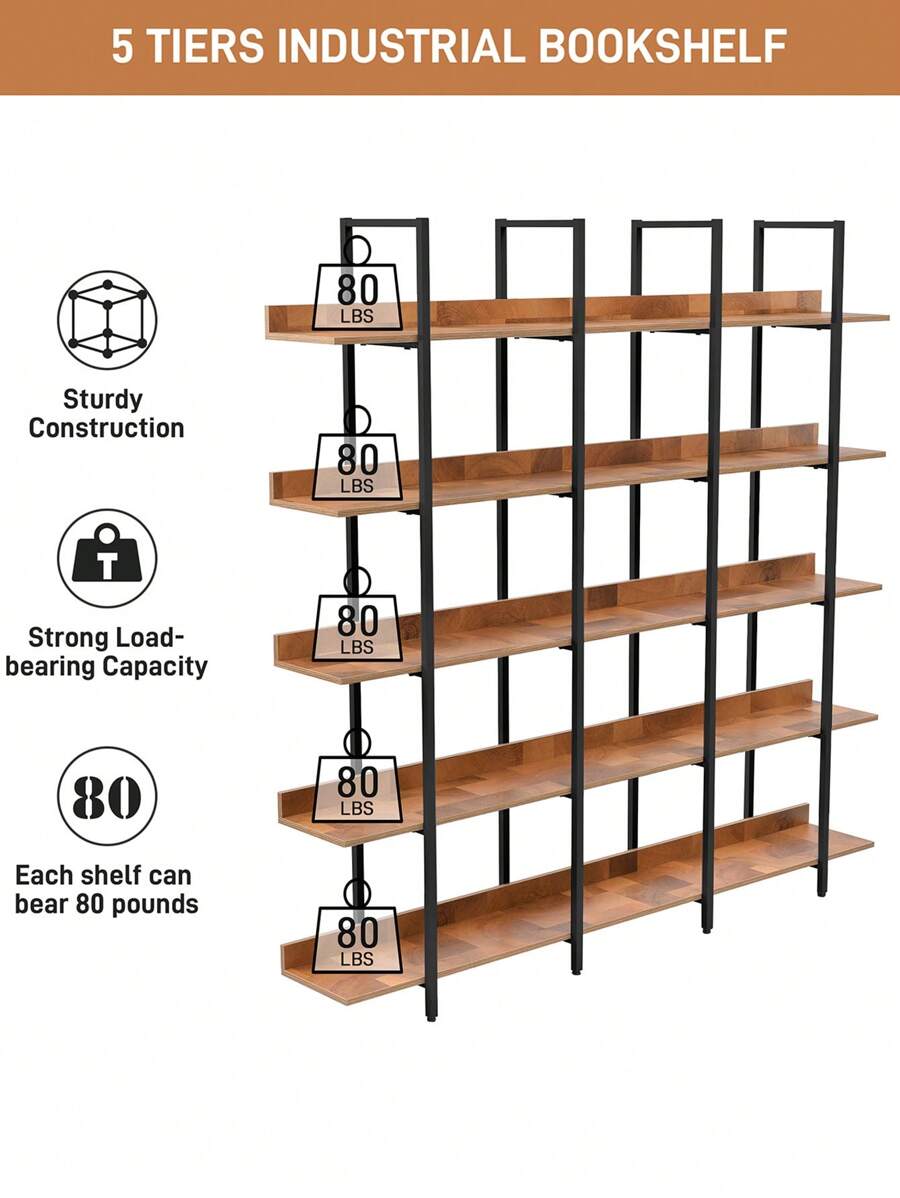 Brown 5-Storey Bookshelf, Open Plan Bookshelf For Home Office, Retro Industrial Style Bookshelf ...