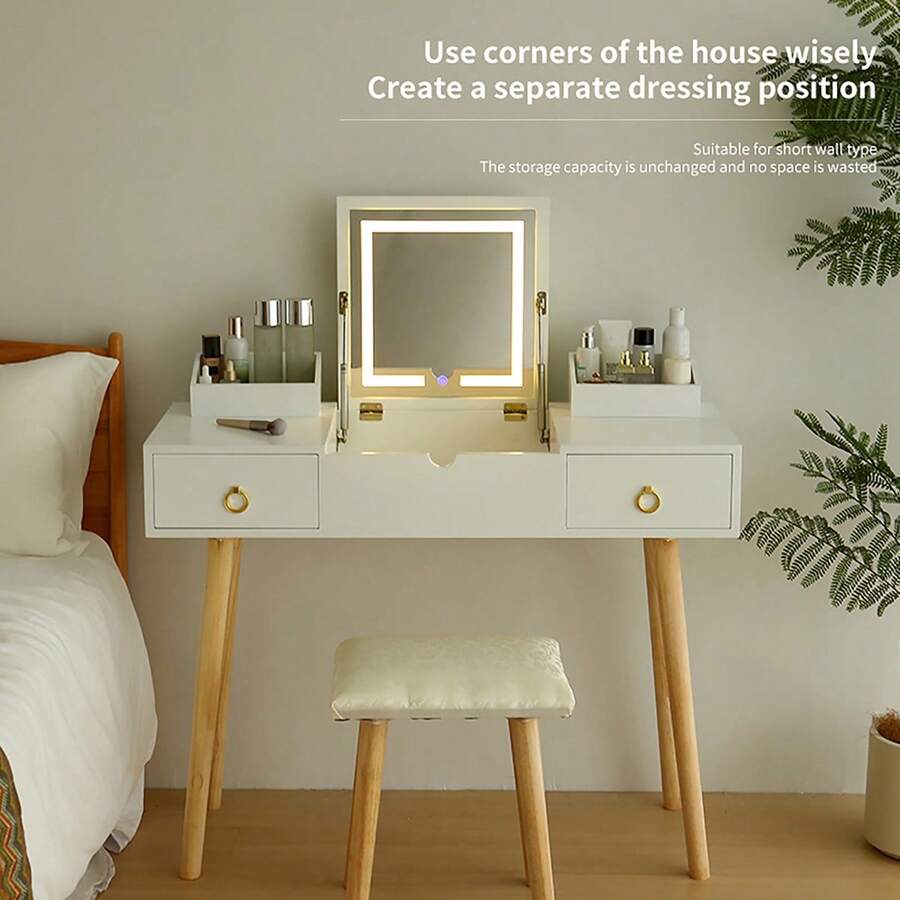 Vanity Desk Set With LED Lighted Mirror & Power Outlet, Flip Top Makeup ...