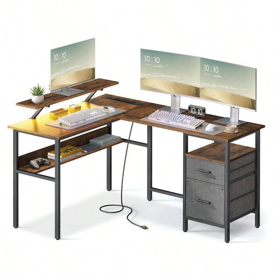 SONGMICS L-Shaped Desk With Power Outlets, Computer Desk With Monitor ...