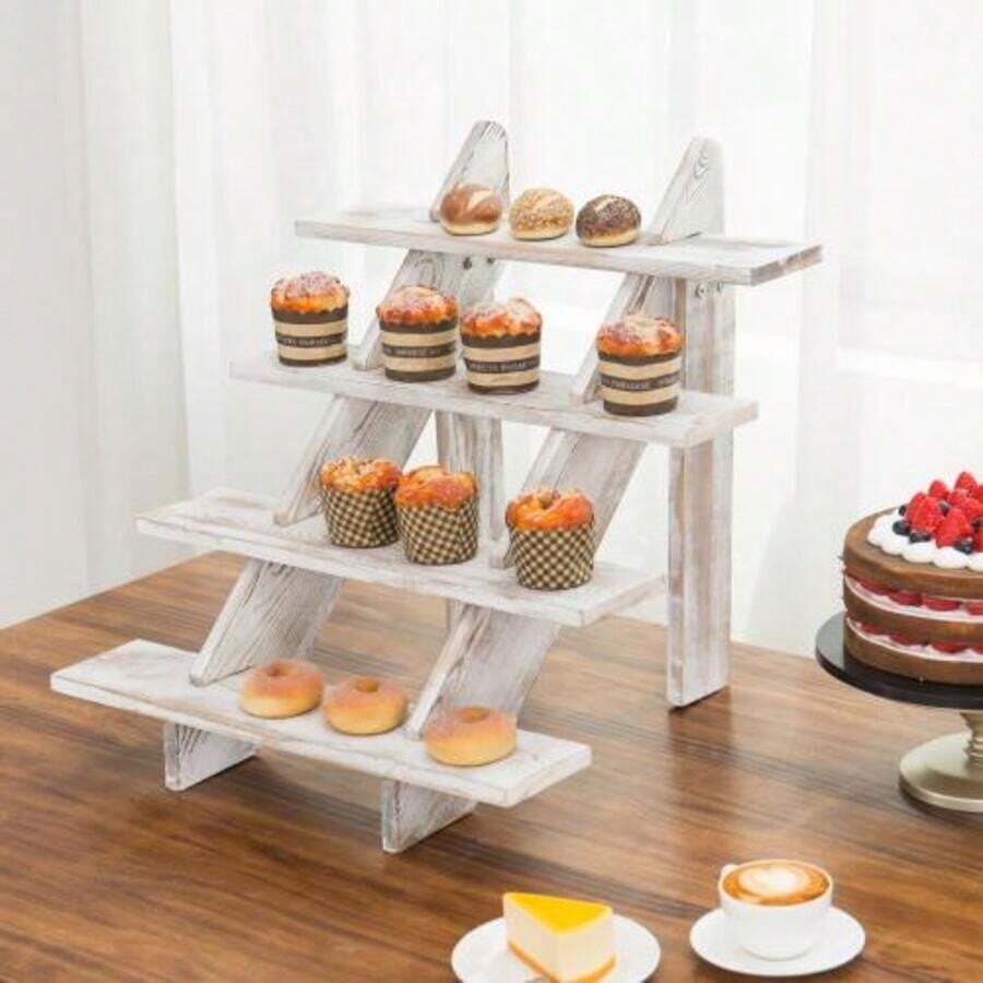 4 Tier Whitewashed Wood Cupcake Stand, 20 Inch Dessert And Figurine ...