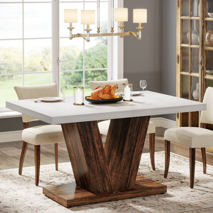 LITTLE TREE 47-Inch Dining Table For 4, Modern White Rectangular Dinner ...
