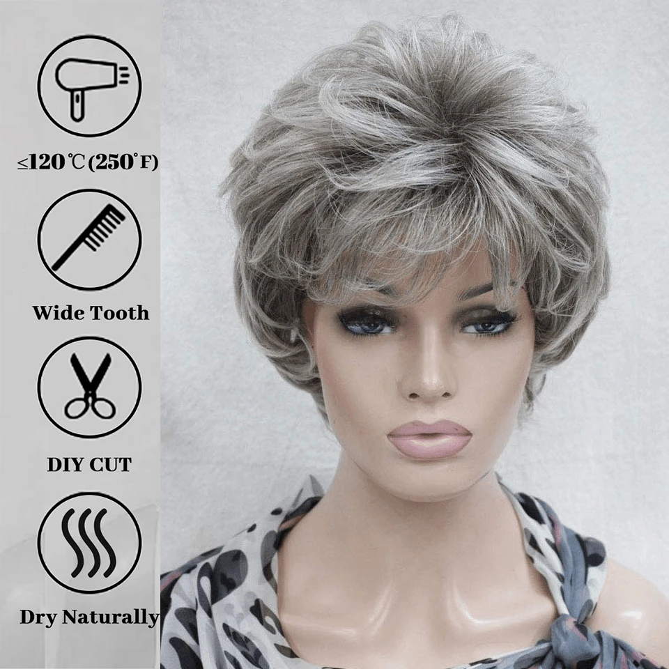 10 Inches Women's Short Curly Wavy Wig Light Gray With Dark Root ...