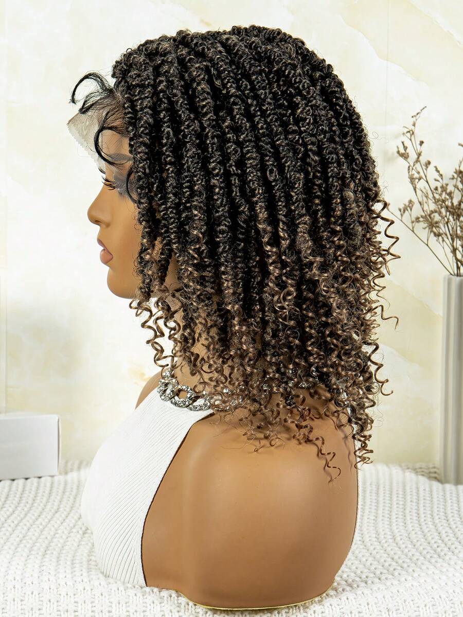 Short Twist Braid Wig Curly Tail Square Parted Blonde Bob Braid Lace ...