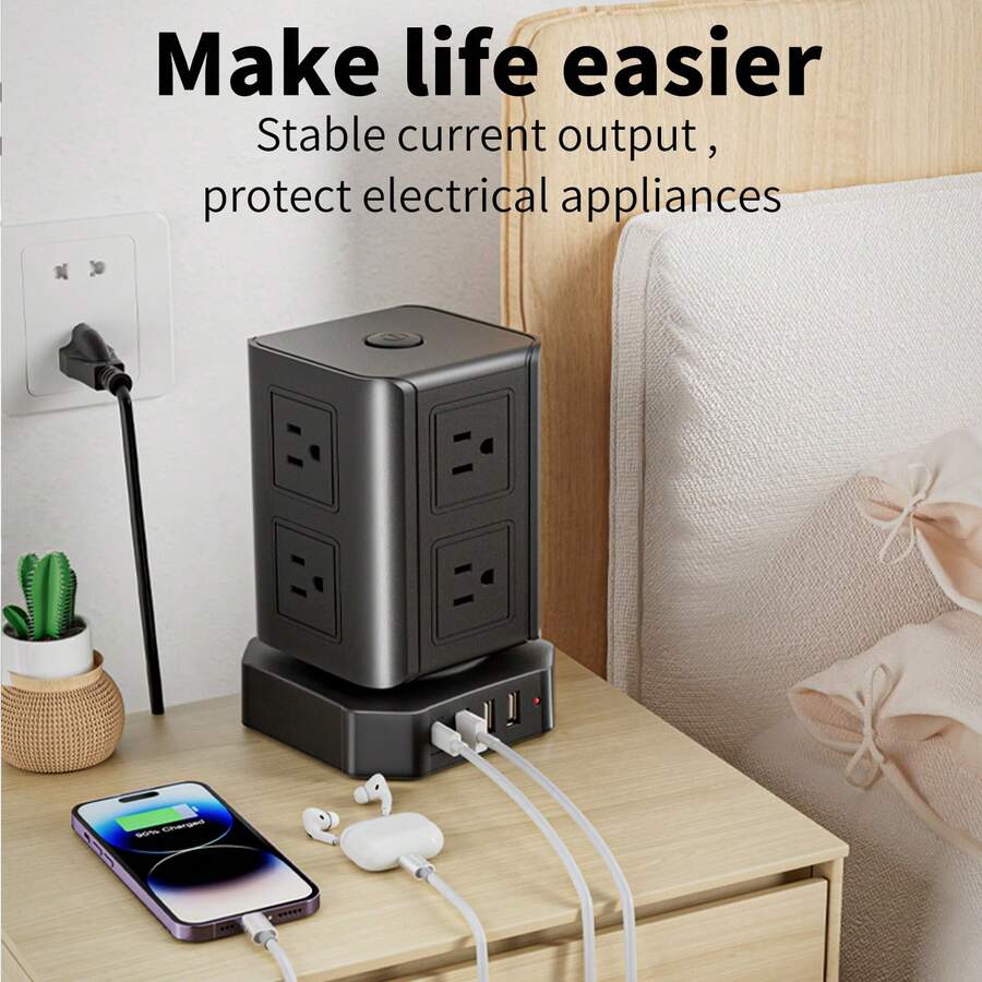 Tower Power Strip Multi Outlets With 3USB-A Ports 1 Type-C Port 6.5ft Extension Cord US Plug ...