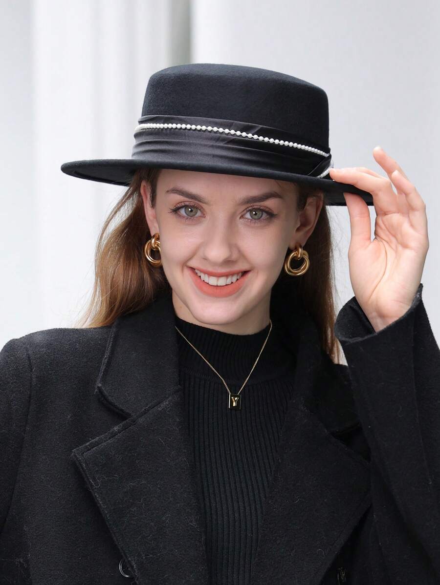 LEAJOURNO. 1pc French Vintage Trendy Flat Top Hat, Pearl Satin Flat ...