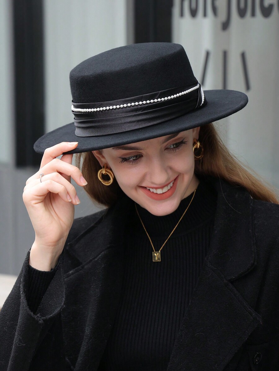 LEAJOURNO. 1pc French Vintage Flat Top Hat, Pearl Satin Flat Brim Wide ...