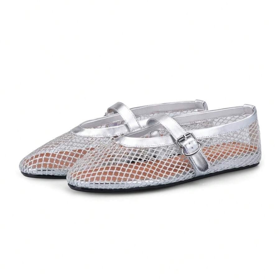 Mesh Ballet Flats For Women Fishnet Ballerina Flats Buckle Strap Mesh ...