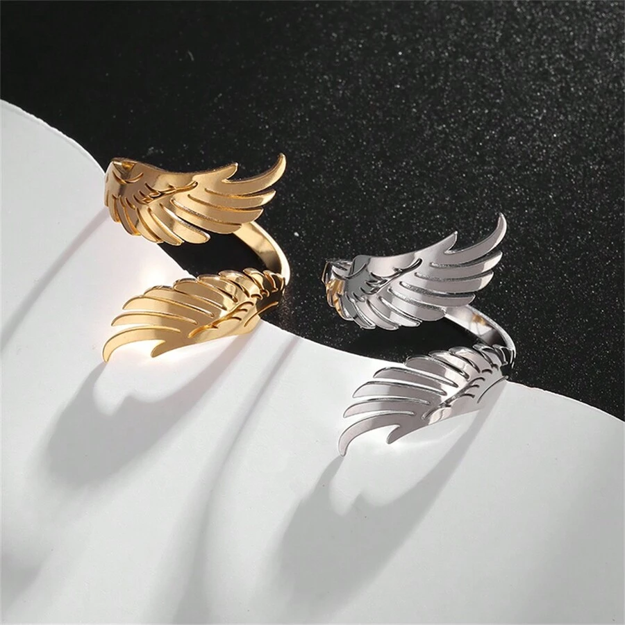 SeuSuk Adjustable Stainless Steel Angel Wing Feather Ring, Gift For Men ...