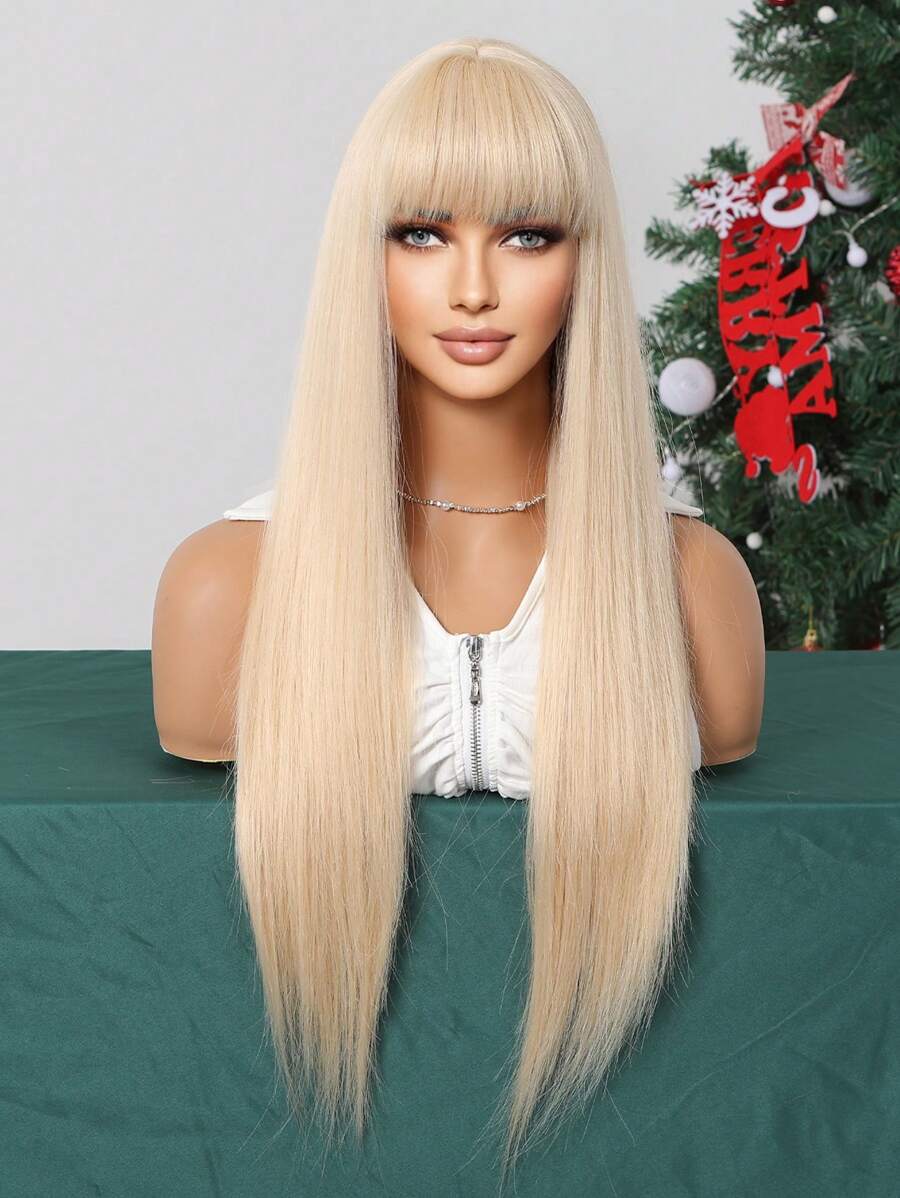 Long Platinum Blonde Straight Wigs For Women 30 Inch Glueless Realistic Blond Synthetic Wig With ...