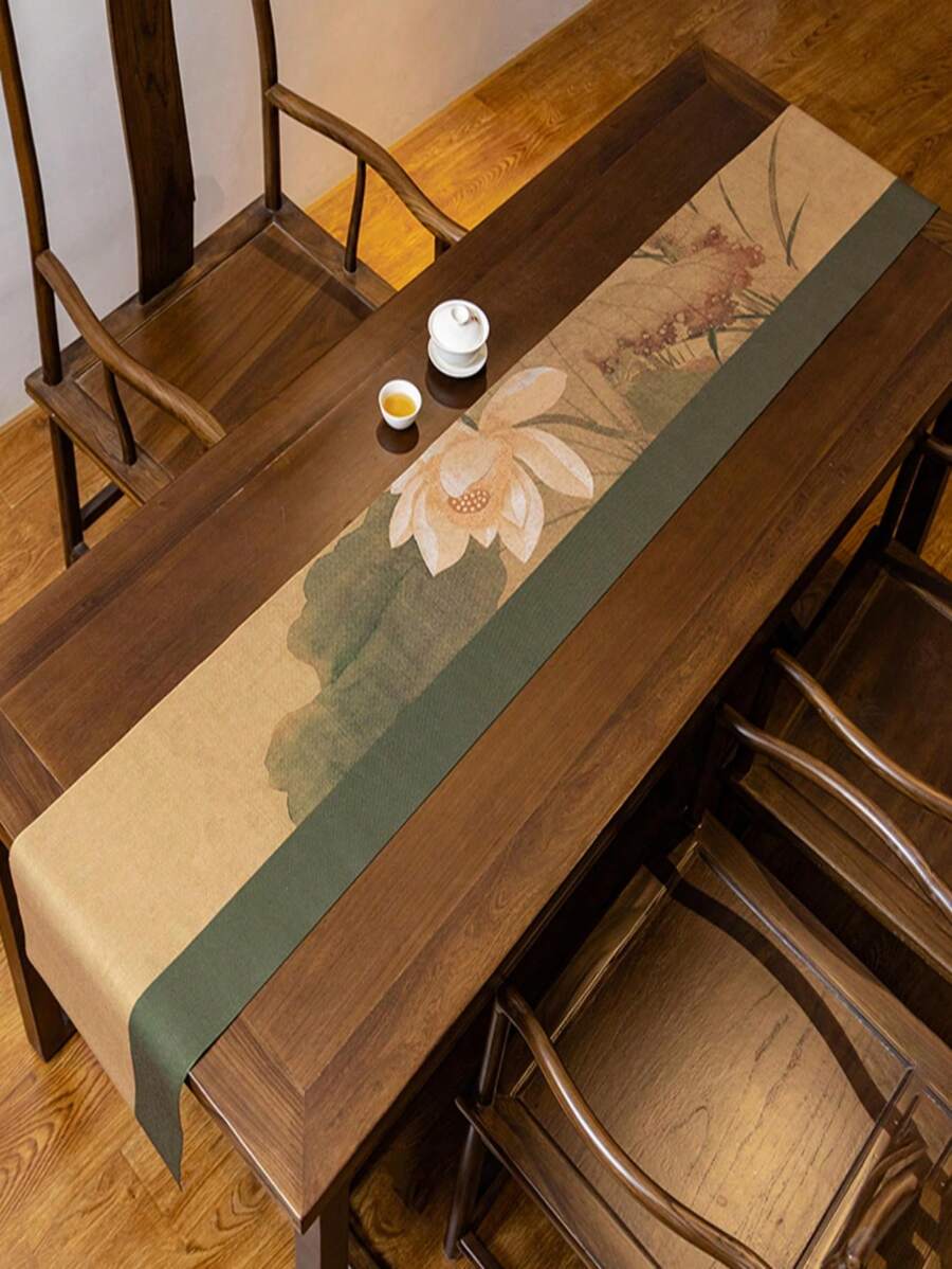 iqipa White Lotus Design Table Runner, Chinese Style Zen Tea Cloth ...