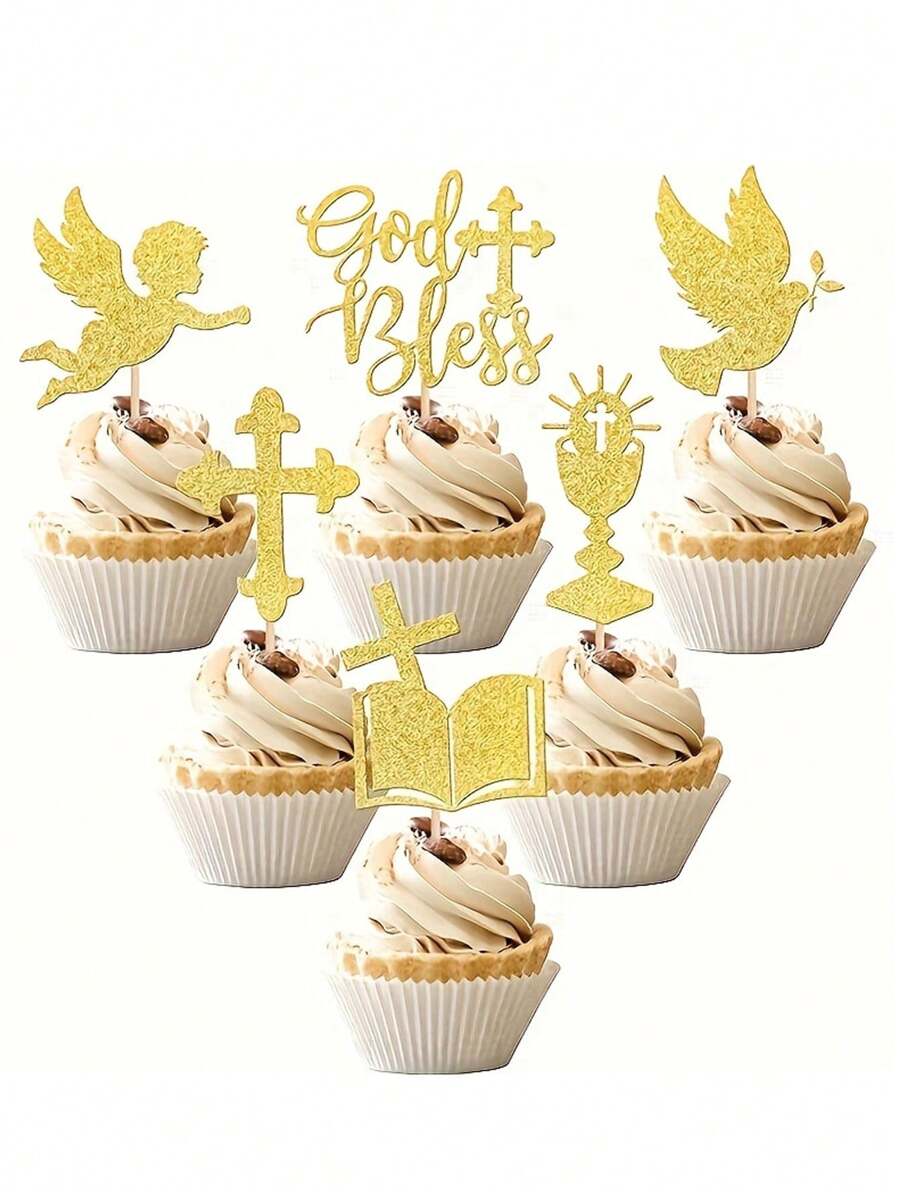 12PCS God Bless Cupcake Toppers Glitter Angel Chalice Bible Cross ...