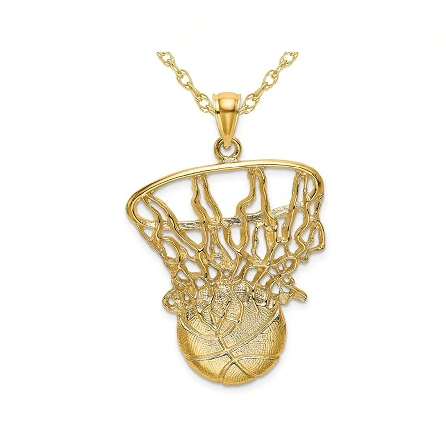 Gem And Harmony 14K Yellow Gold Basketball In Hoop Swoosh Pendant ...