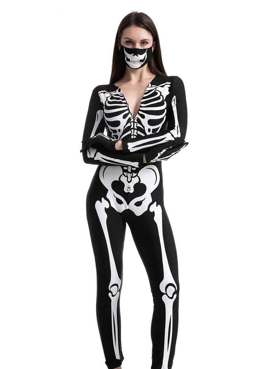 SYNCFUN Women Skeleton Halloween Costume, Skeleton Jumpsuit For ...