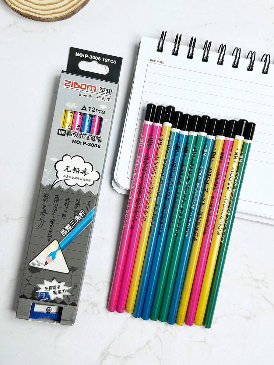 12 Simple Colored Triangular HB Pencils With Erasers And 1 Pencil ...