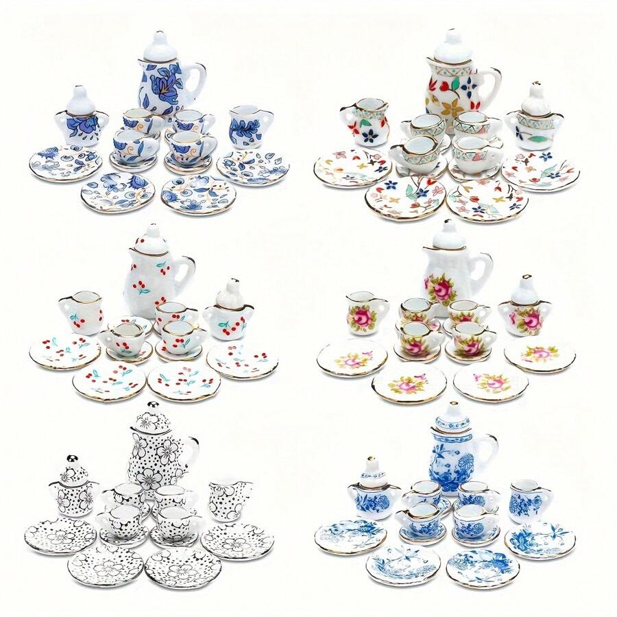 15pcs Miniature Porcelain Tea Cup Set, Vintage Flower Pattern Dollhouse ...