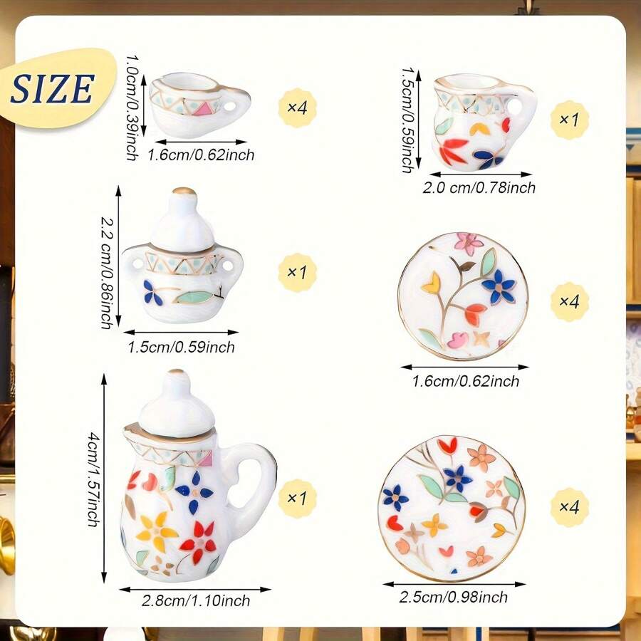 15pcs Miniature Porcelain Tea Cup Set, Vintage Flower Pattern Dollhouse ...
