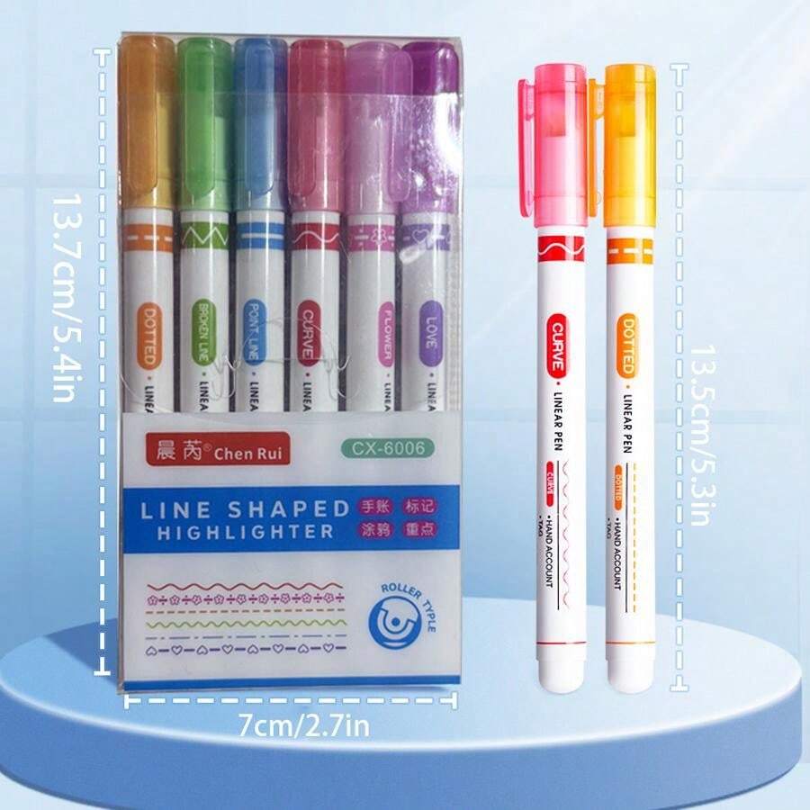6pcs/Pack Flower Shaped Highlighter Pens, Curved Line Markup Pens For ...
