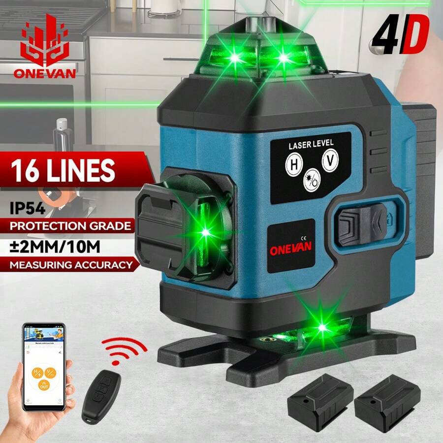 ONEVAN 16 Lines 4D Laser Levels 360 Horizontal Vertical Green Line Laser Level Self-Leveling ...